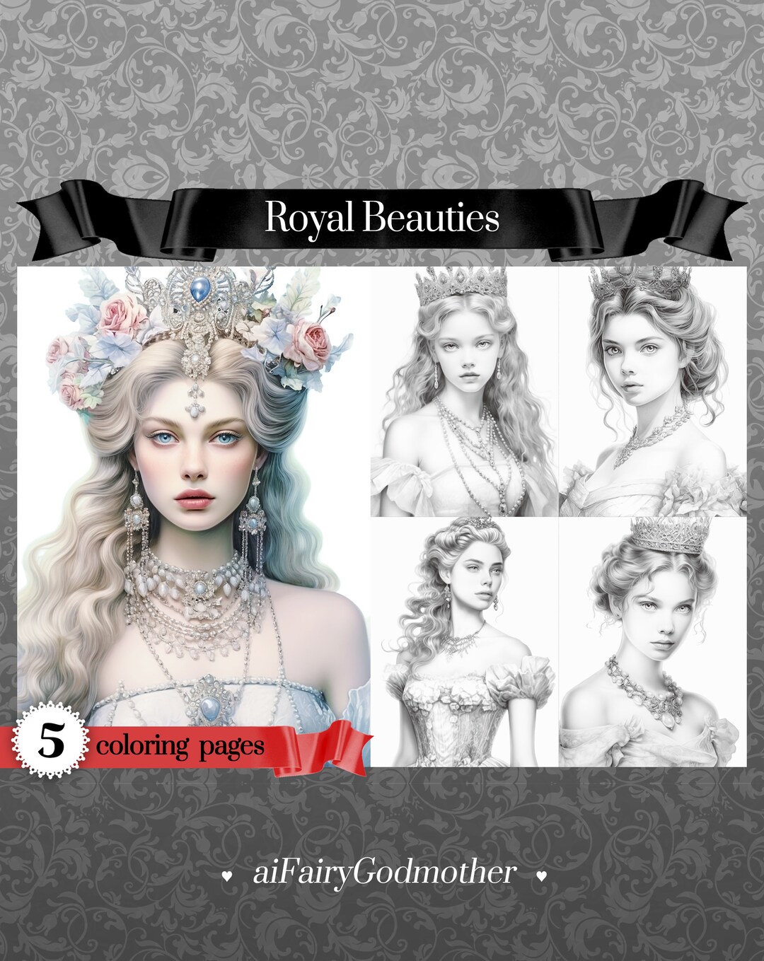 Royal Beauties Coloring Pages Grayscale Portrait Coloring - Etsy