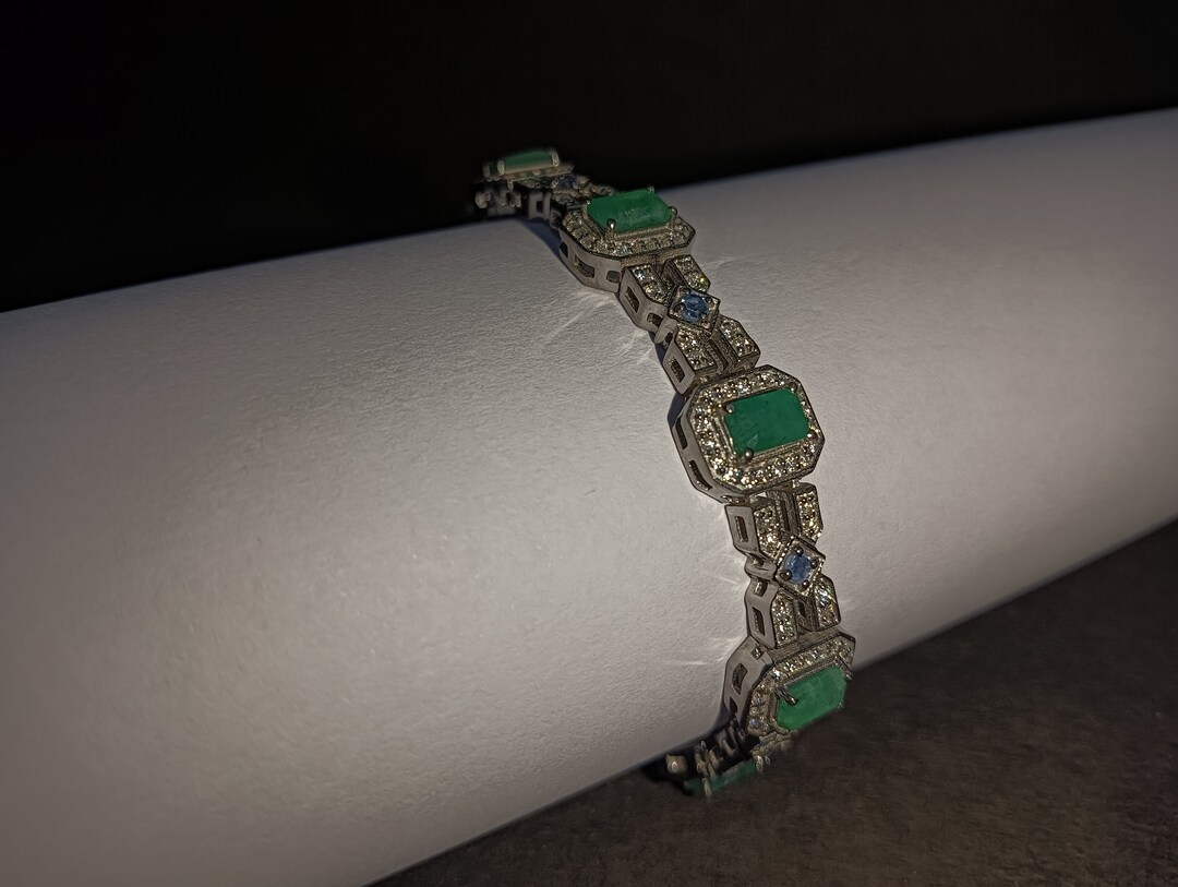 Mozonite Diamond Bracelet With Natural Emerald Gemstone and Blue ...