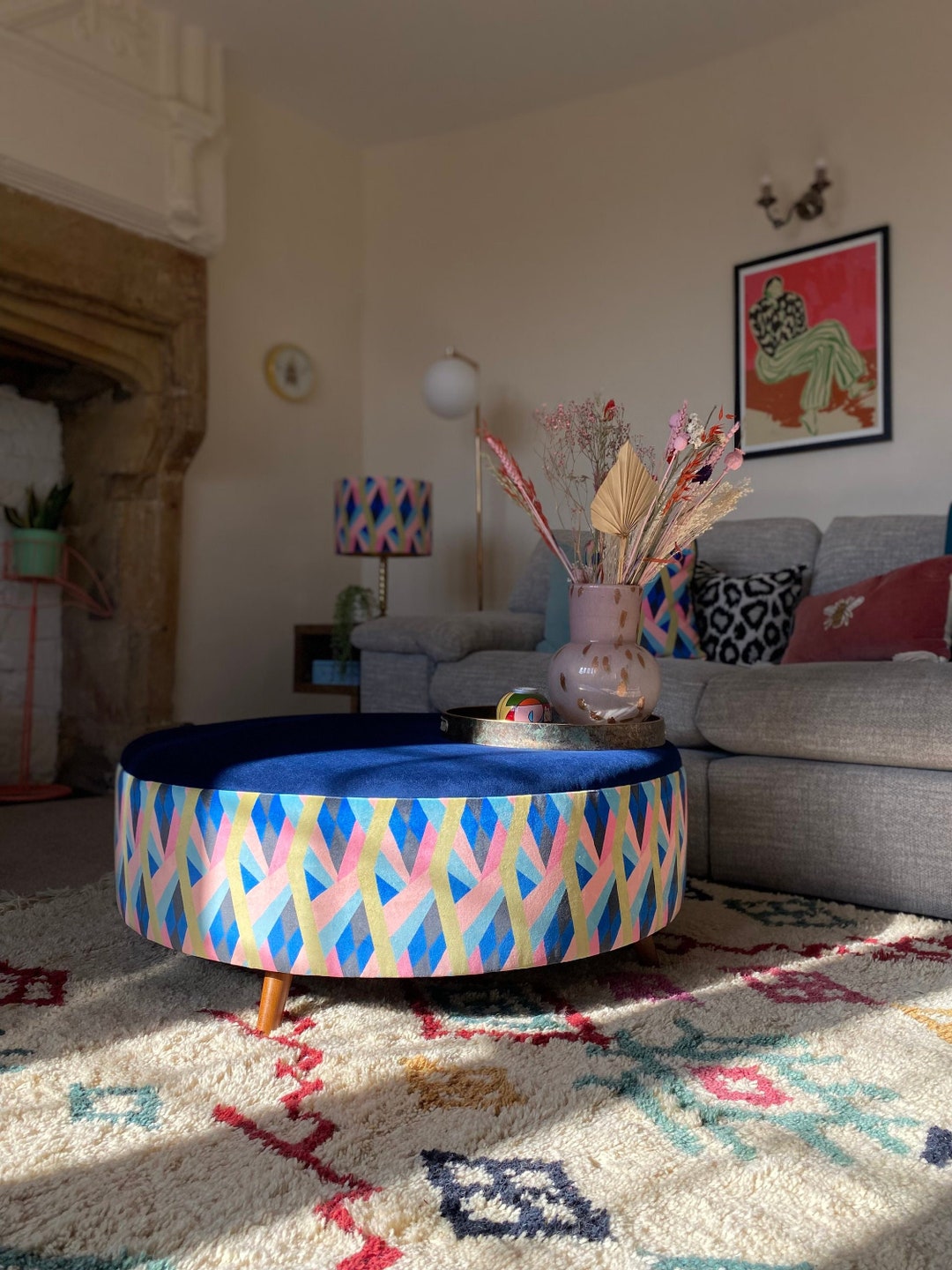 Large Round Footstool With Navy Velvet and Linwood Velvet Geometric ...