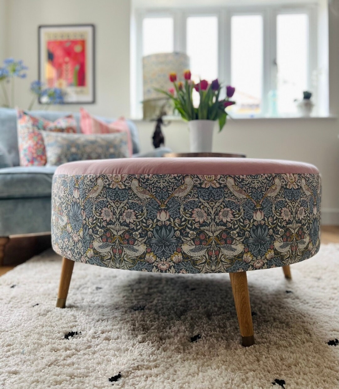 Large Round Footstool in William Morris Strawberry Thief and Blush ...