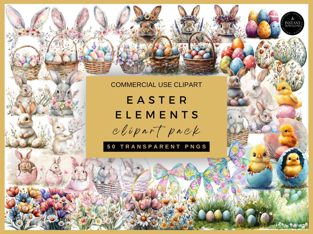 Easter Clipart Bundle PNG, Cute Easter Bunny in Basket, Watercolor Baby ...