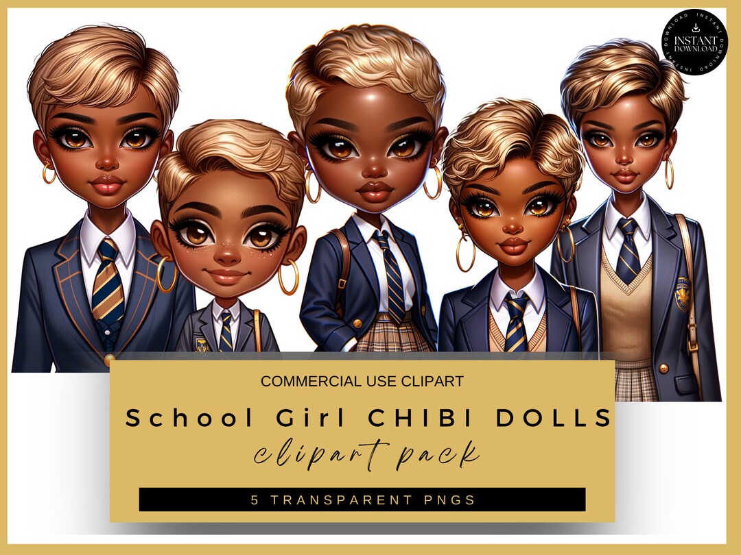 Chibi Doll Clipart Bundle, Chibi Style Woman Clipart, African American ...