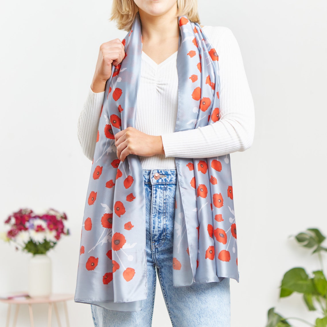 Poppy Print Silk Blend Scarf in Gift Box - Etsy UK
