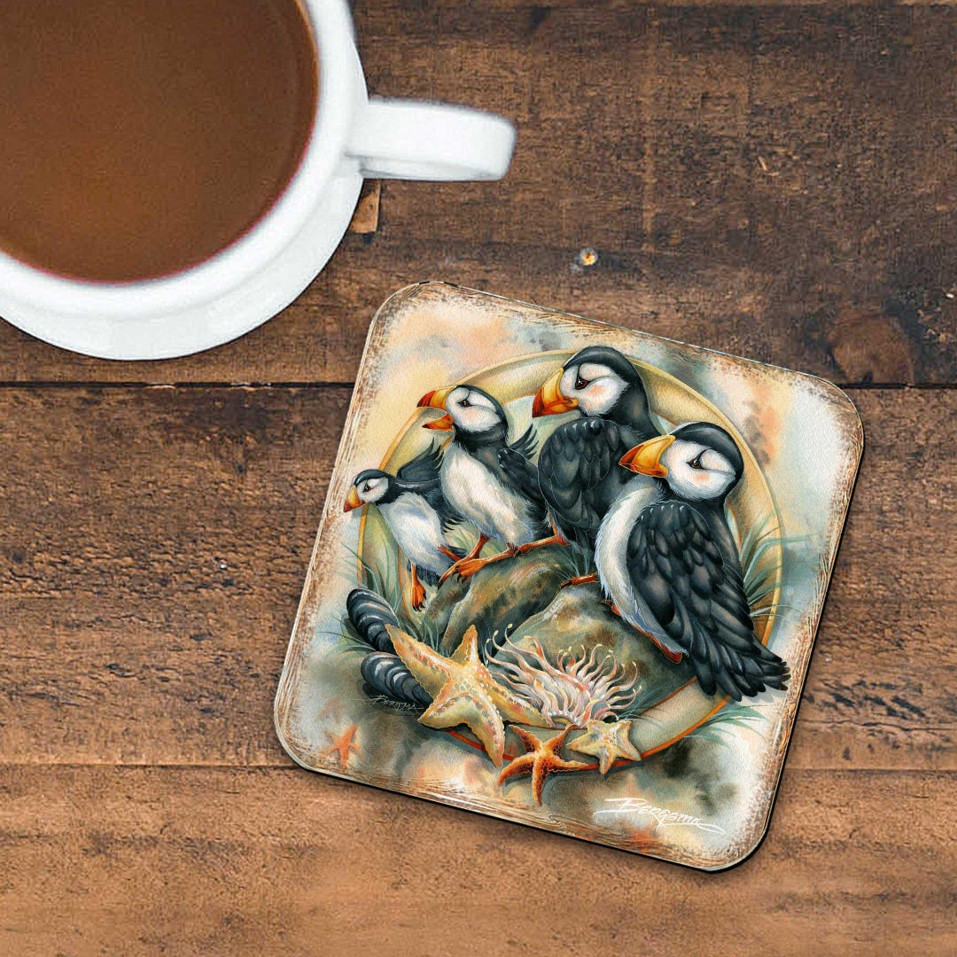 Puffins Coasters Gift Set of 4 Handcrafted Wooden Table Decor With Cork ...