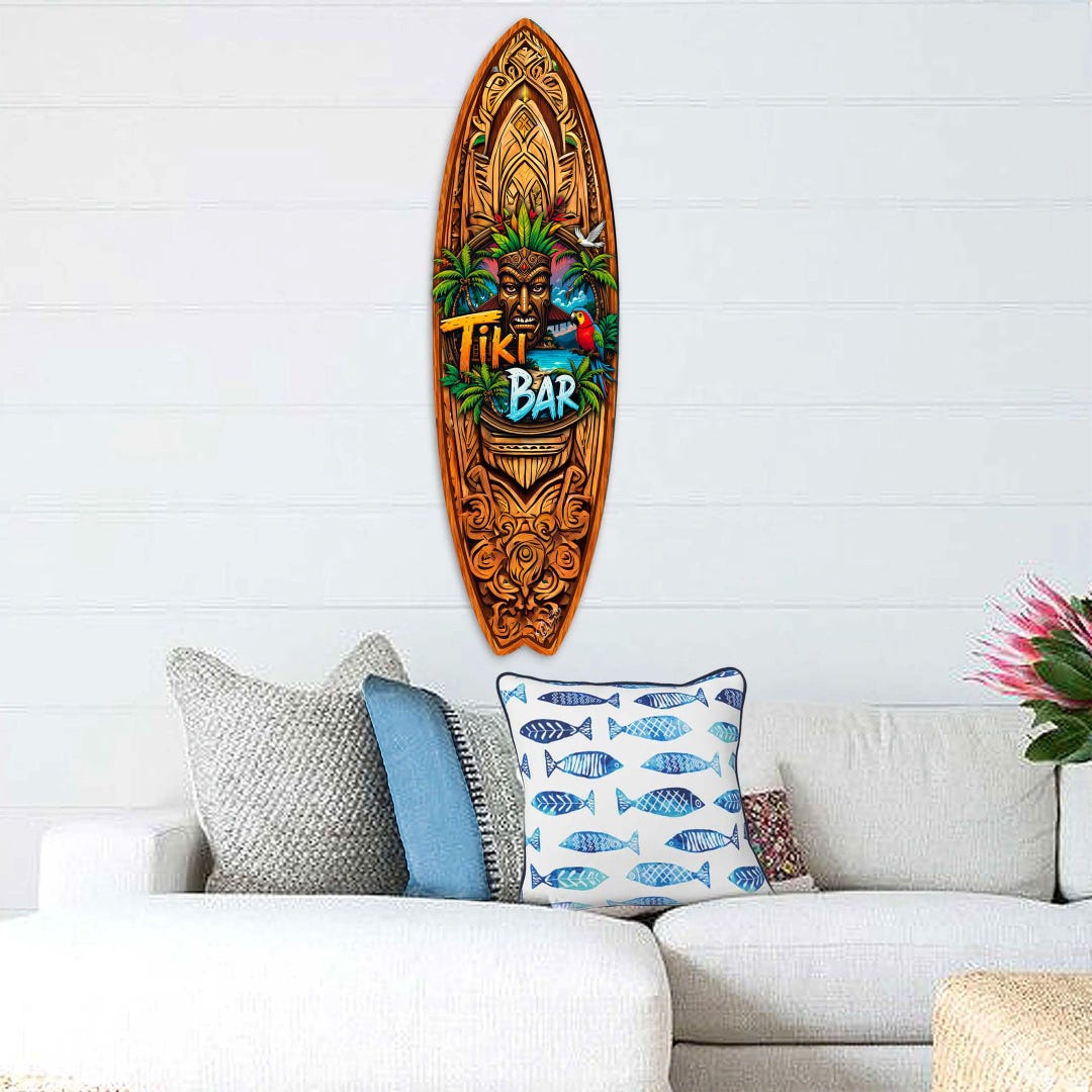 Tiki Bar Surfboard Wall Art by G. Debrekht – Handcrafted Coastal Decor ...
