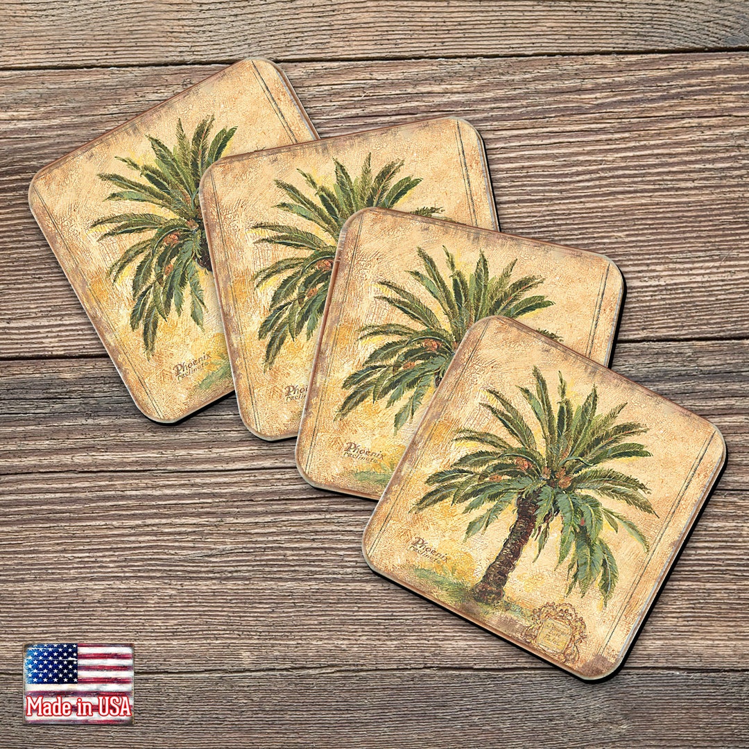 Palm Tree Coasters Set of 4 - Coastal Gifts Nautical Table Decor Wooden ...