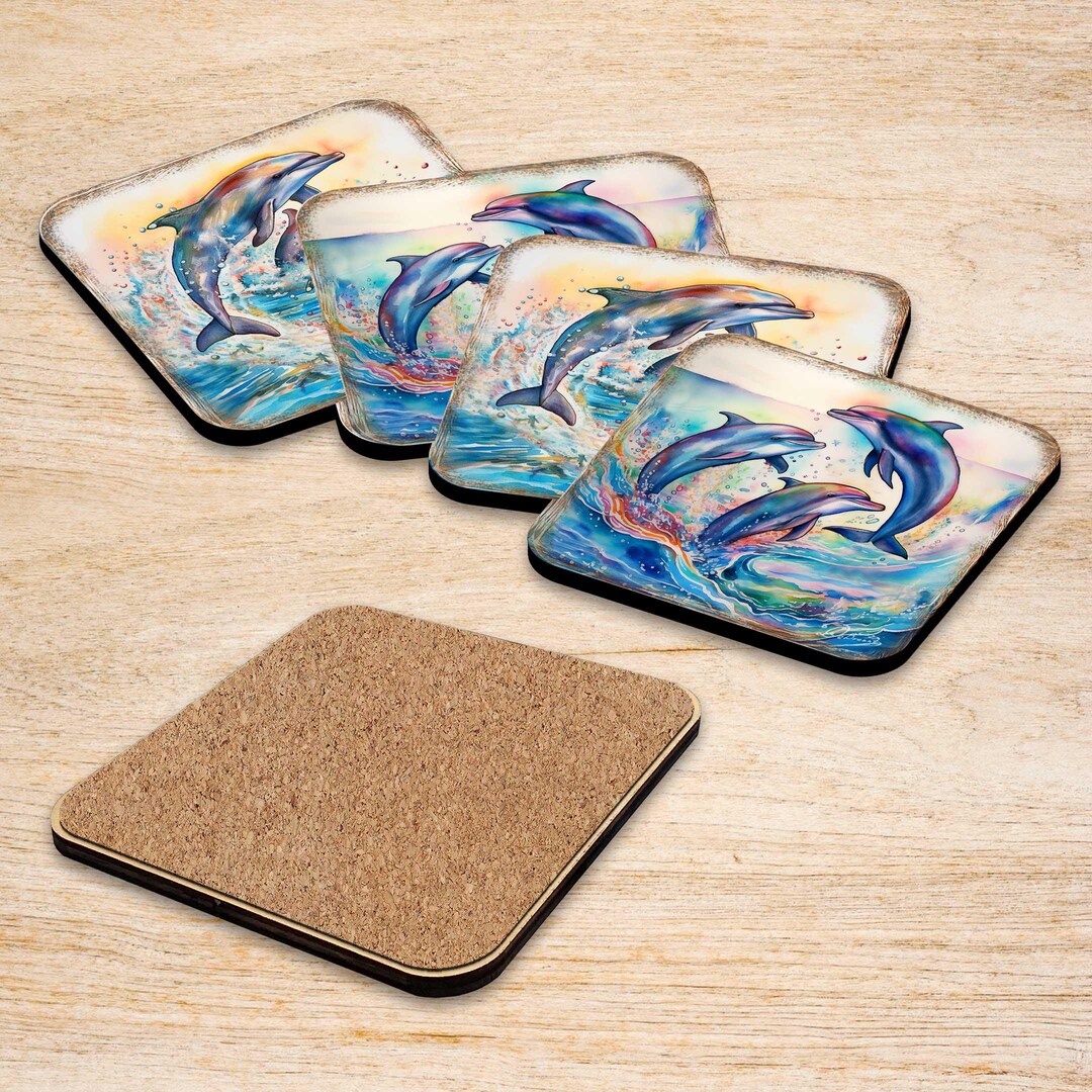 Dolphin Coasters Gift Set of 4 Handcrafted Wooden Table Decor With Cork ...