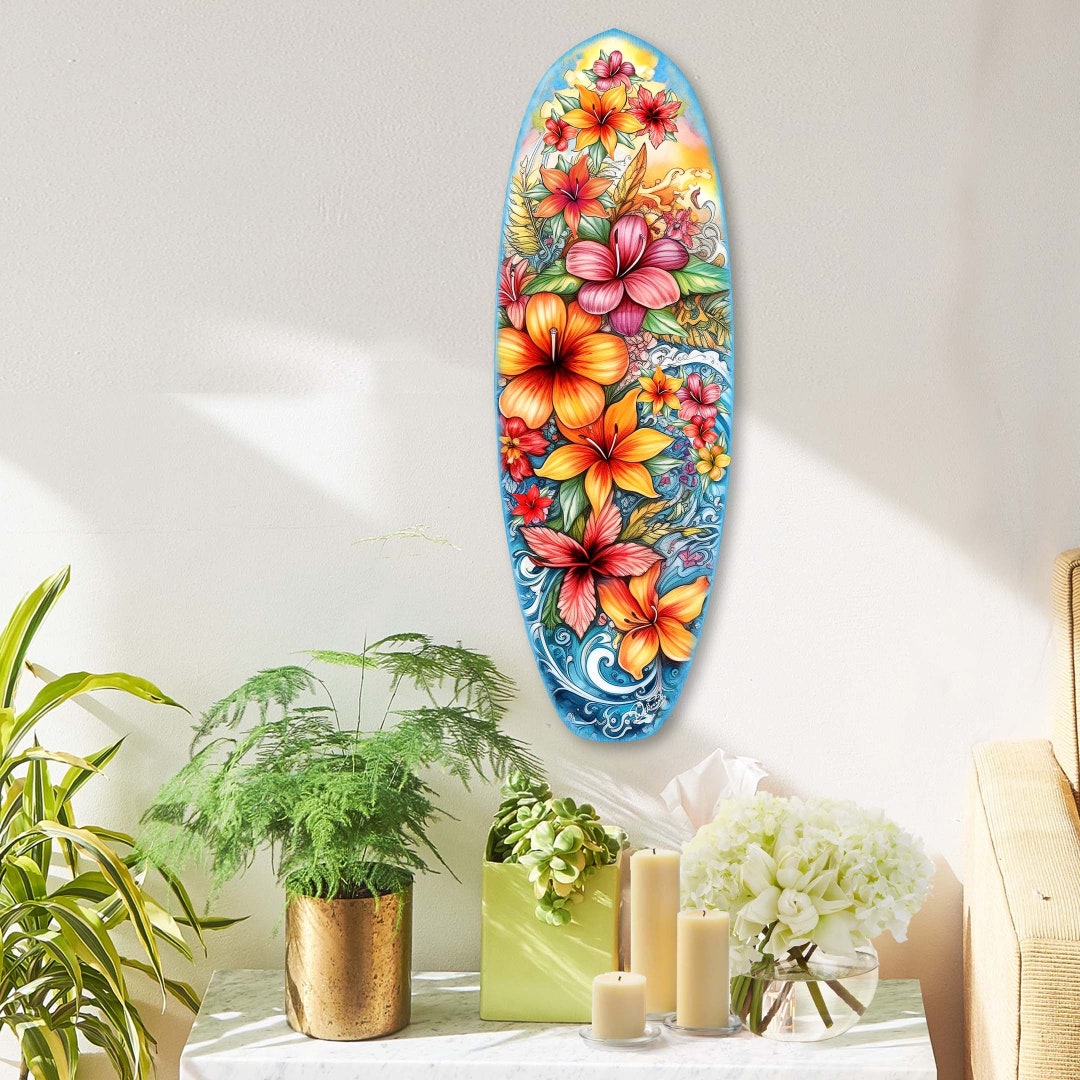 Tropical Flower Surfboard Wall Art – Handcrafted Coastal Decor ...