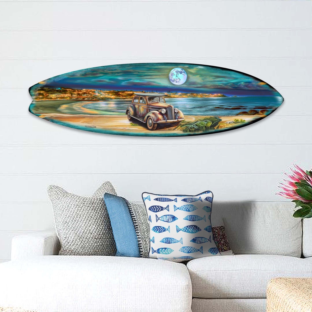Handcrafted Wooden Beach Night Surfboard Wall Art - Unique Scenic ...