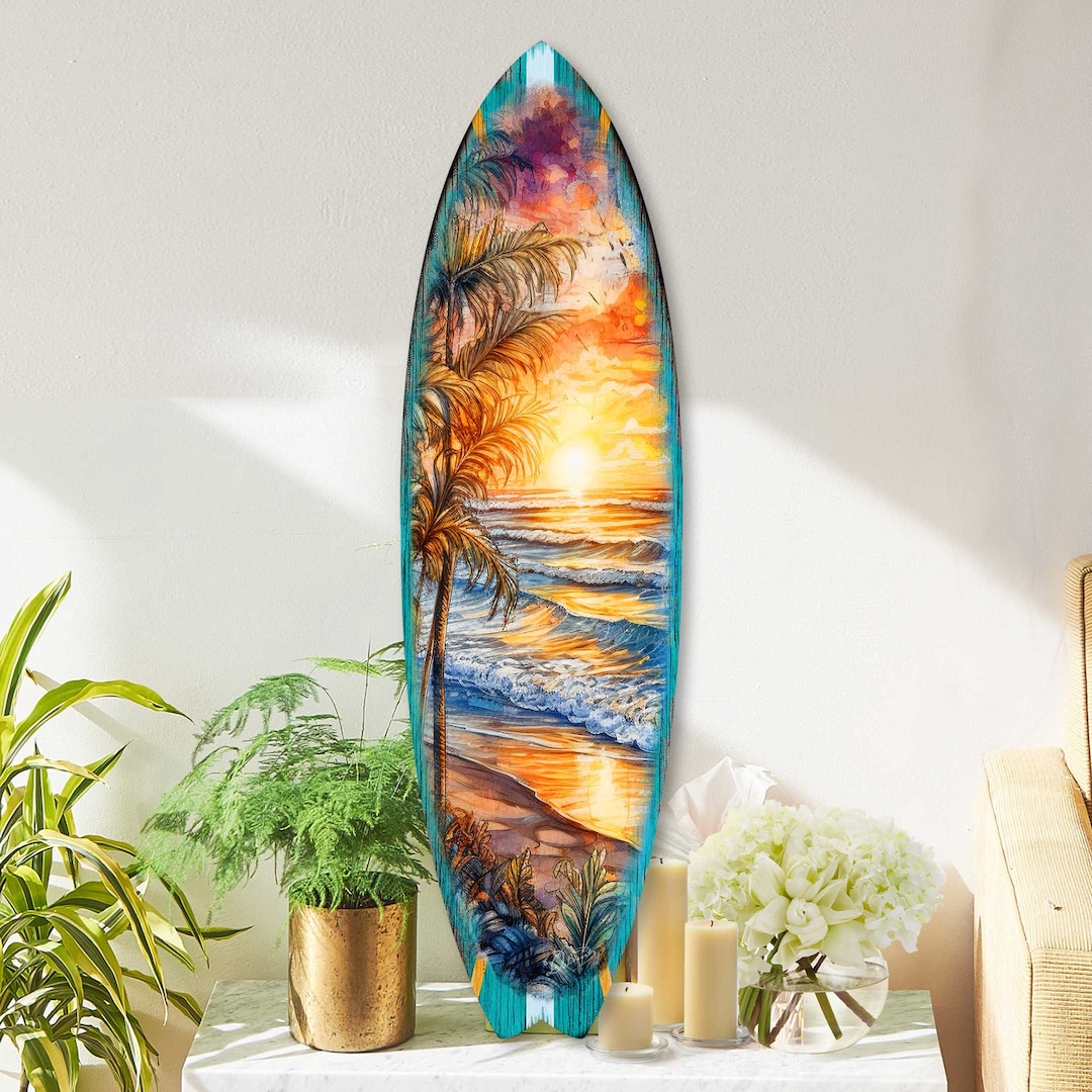 Golden Waves Ocean Sunset Surfboard Wall Art Handcrafted From Wood ...