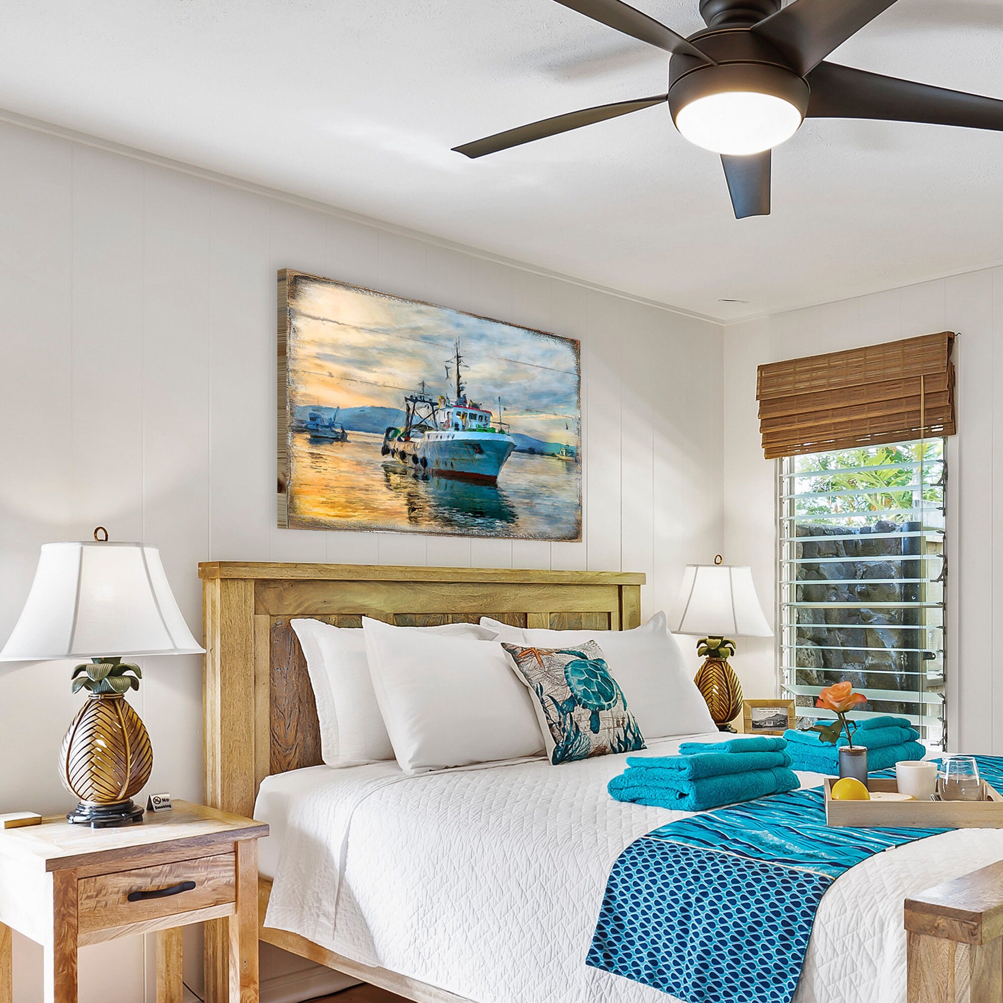 Nautical Wall Decor Nautical Wall Art Fishing Boat Wood Block Art on ...