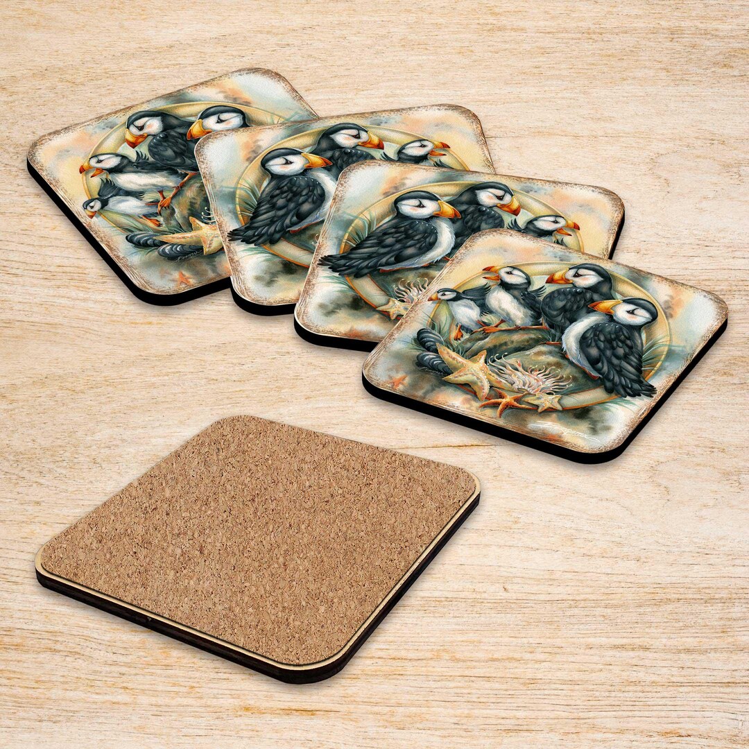 Puffins Coasters Gift Set of 4 Handcrafted Wooden Table Decor With Cork ...