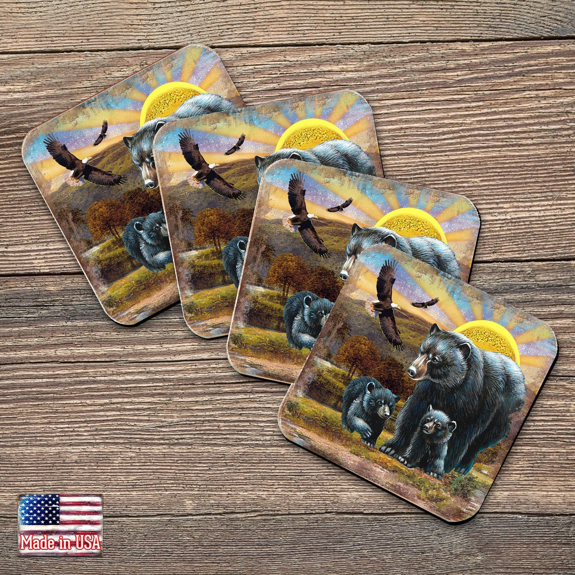 Wooden coasters set Bear Coaster Handcrafted Set of 4 - Etsy.de