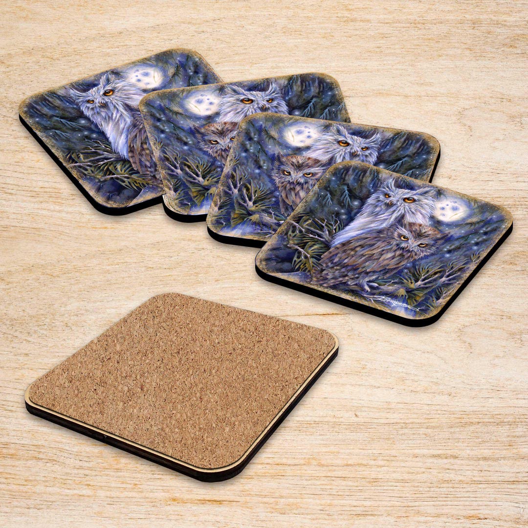 Night Watch Owls Coasters Gift Set of 4 Handcrafted Wooden Table Decor ...