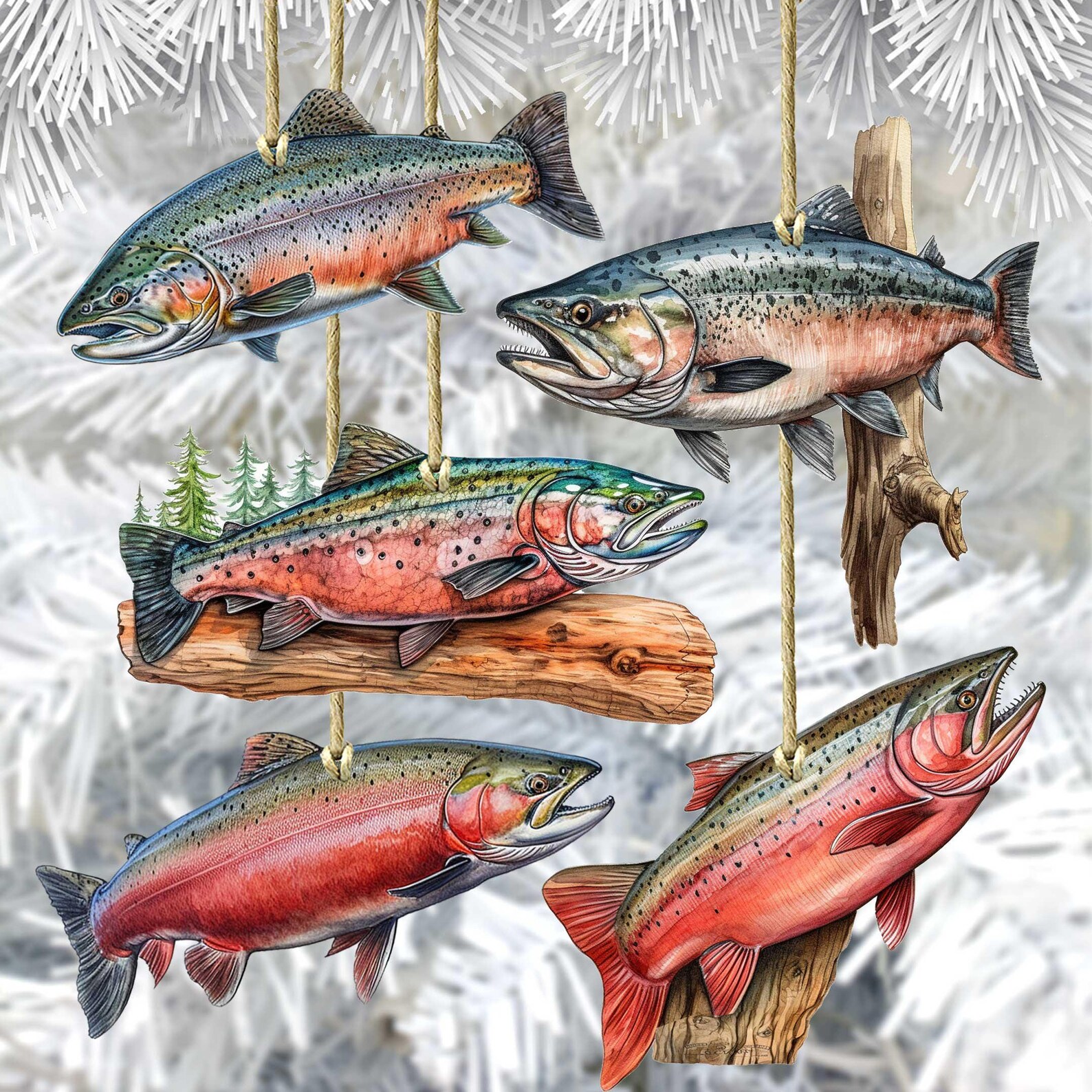Alaskan Salmon Ornaments Set: Usa-made Wooden Christmas Tree Decor ...