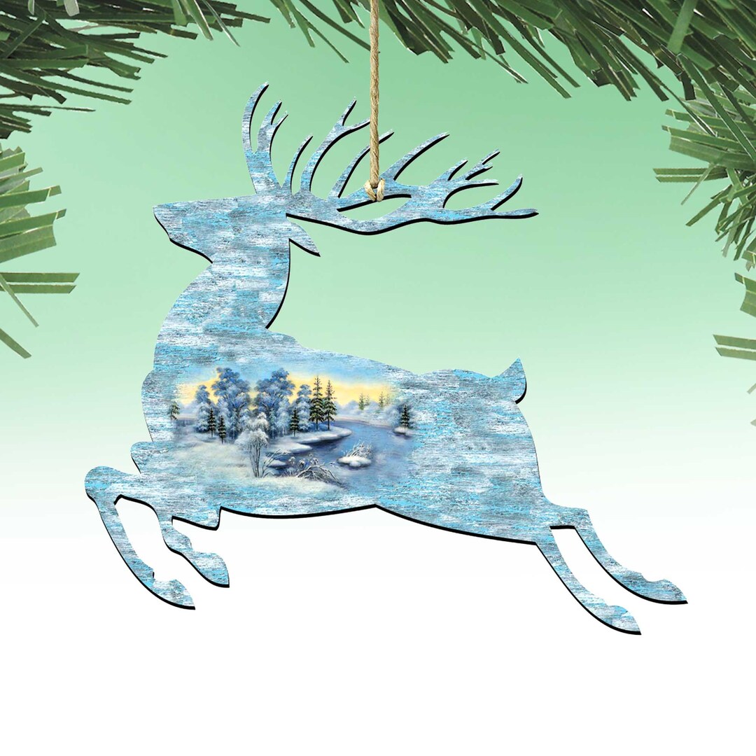 Deer Christmas Ornament - Prancing Deer Scenic Wooden Christmas ...