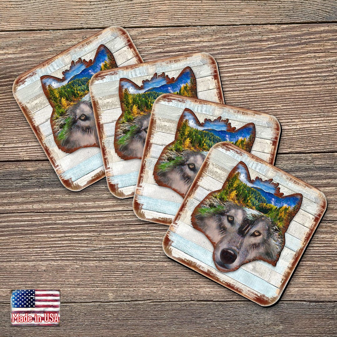Wolf Face Coasters Set of 4 - Gift of Nature Table Decor Wooden ...