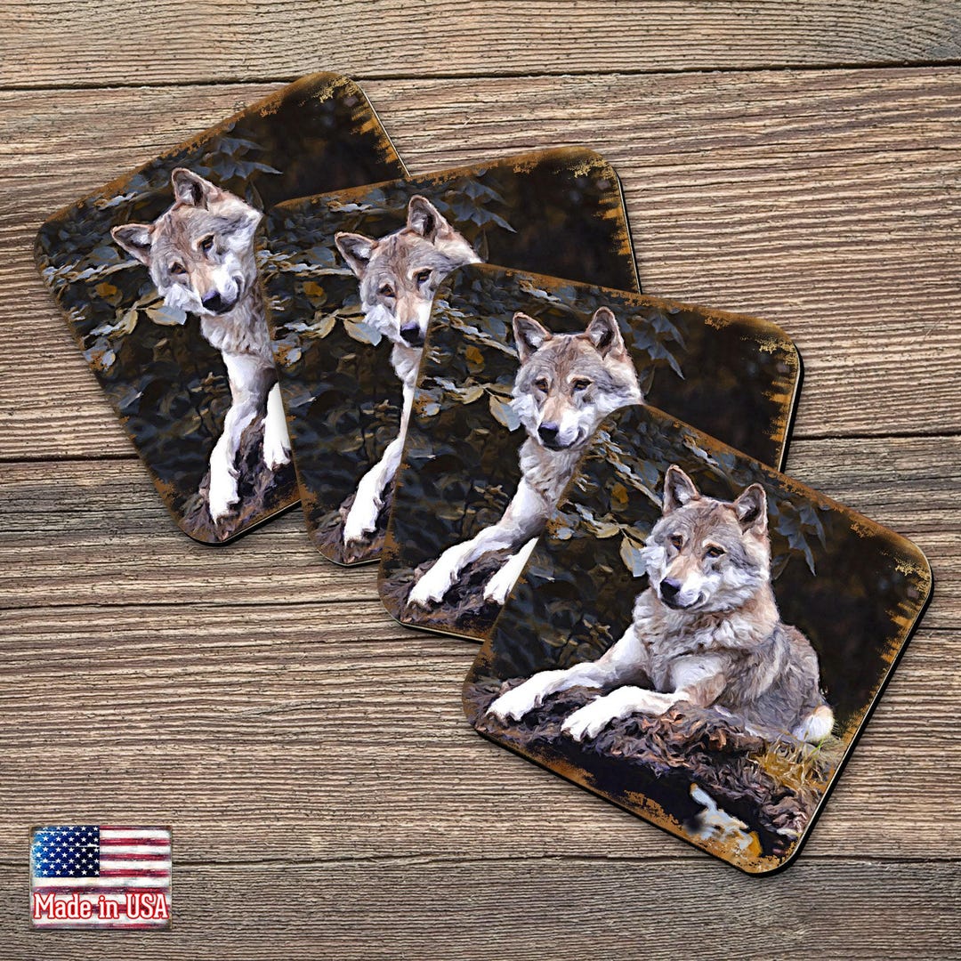 Wolf Coasters Set of 4 - Nature Table Decor Wooden Handcrafted With ...