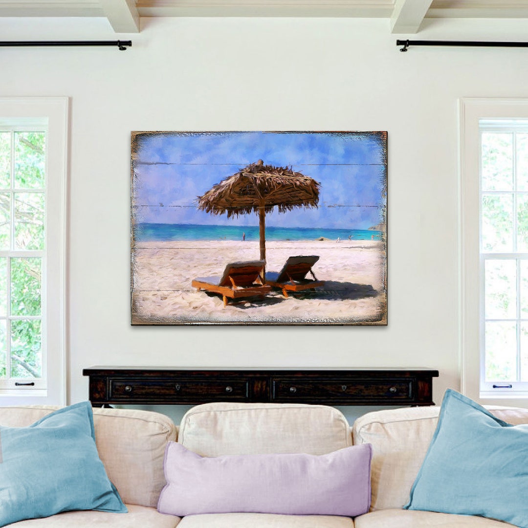 Beach House Wall Decor Ocean Wall Art Beach Chairs Art on Wood Block ...