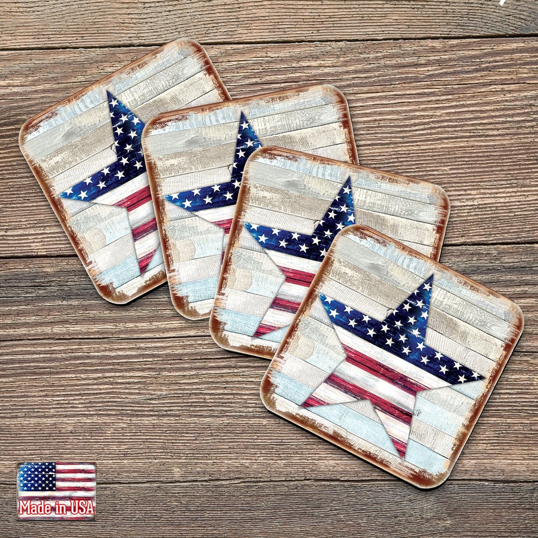 American Flag Coasters Gift Set of 4 - US Star Home Wooden Decor With ...