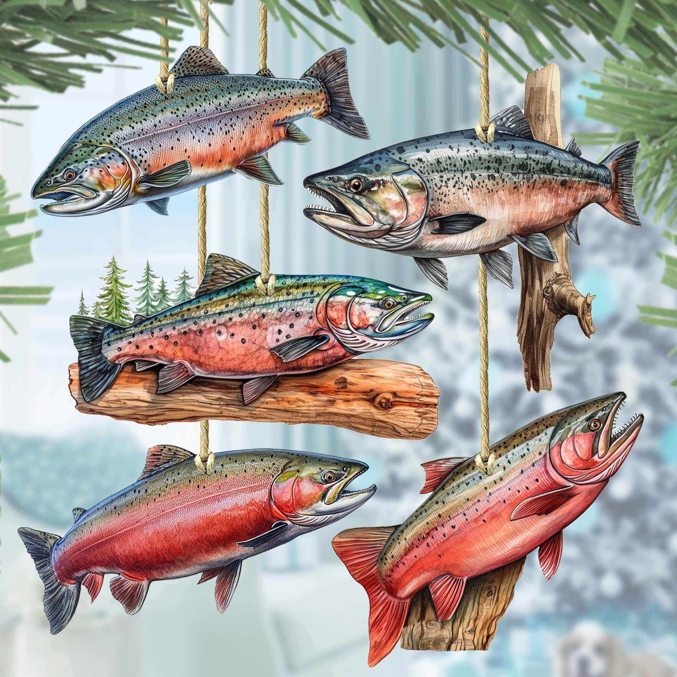 Alaskan Salmon Ornaments Set: Usa-made Wooden Christmas Tree Decor ...