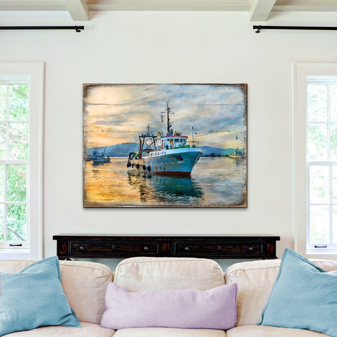 Nautical Wall Decor Nautical Wall Art Fishing Boat Wood Block Art on ...