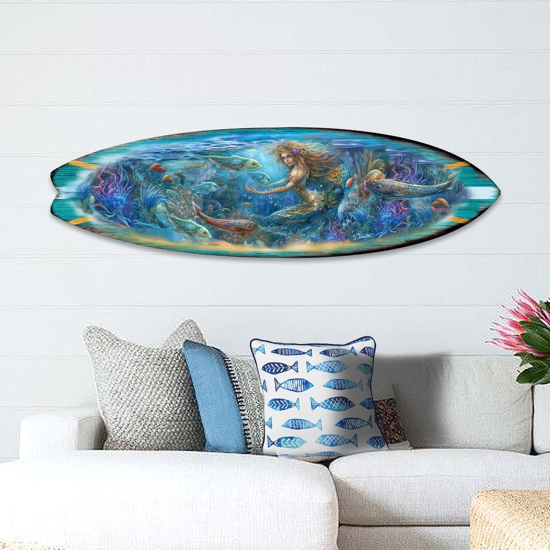 Mermaid Kingdom Surfboard Wall Art - Handcrafted From Wood Featuring ...