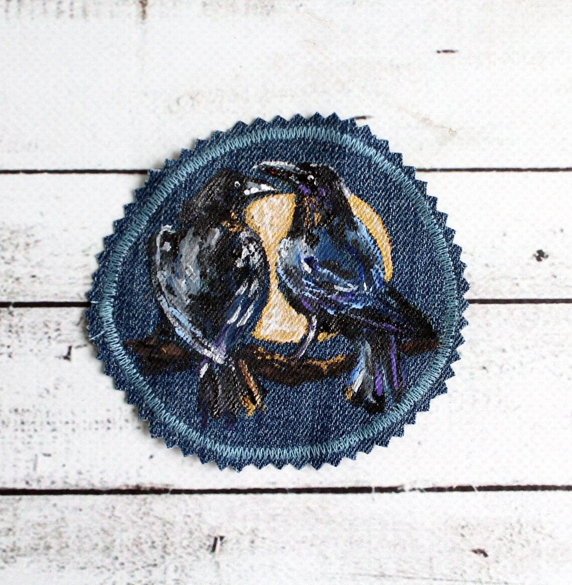 Hand Painted Raven Patch Denim Patches Birds Upcycled Jeans | Etsy