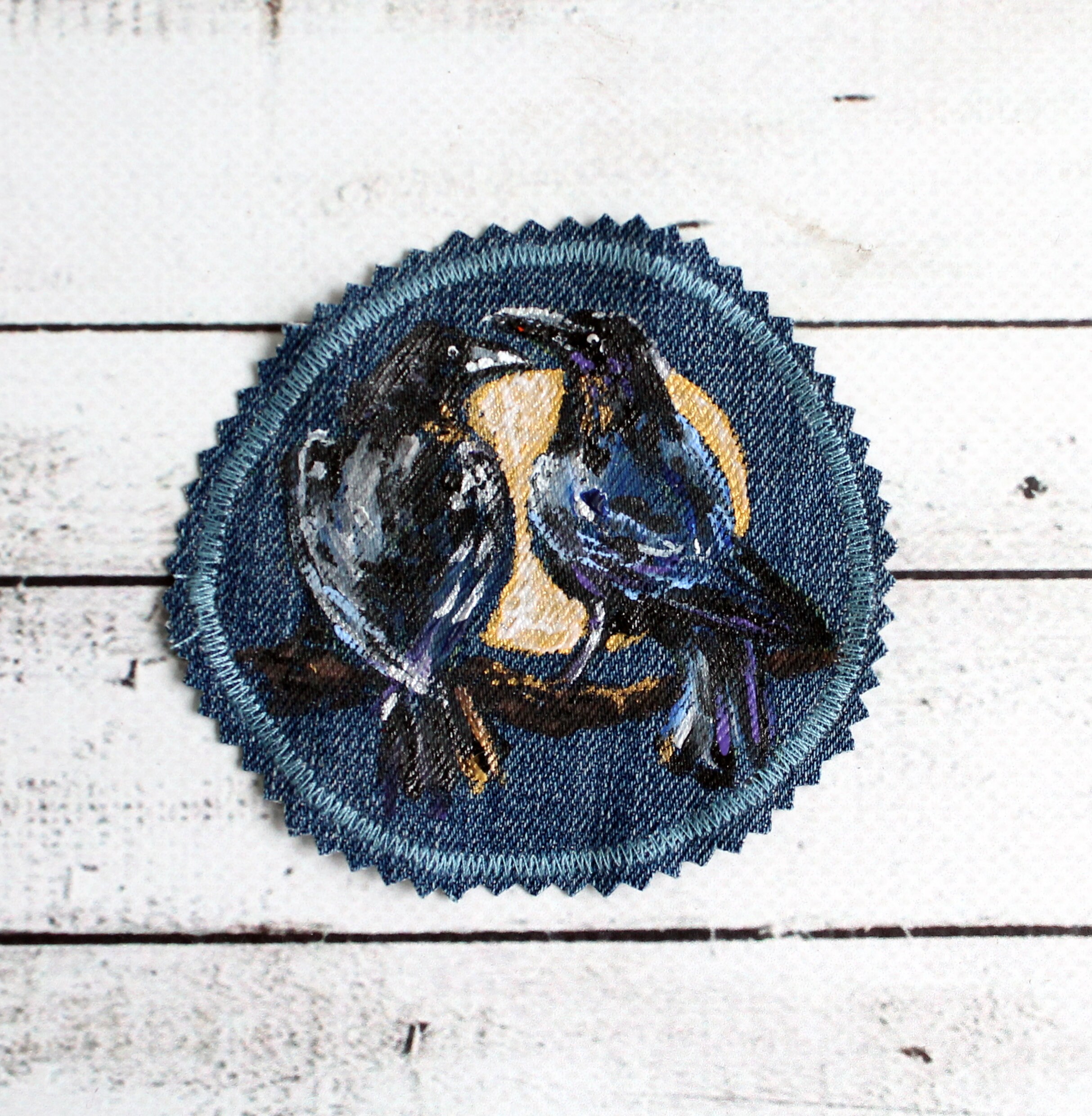 Hand Painted Raven Patch Denim Patches Birds Upcycled Jeans for Women ...