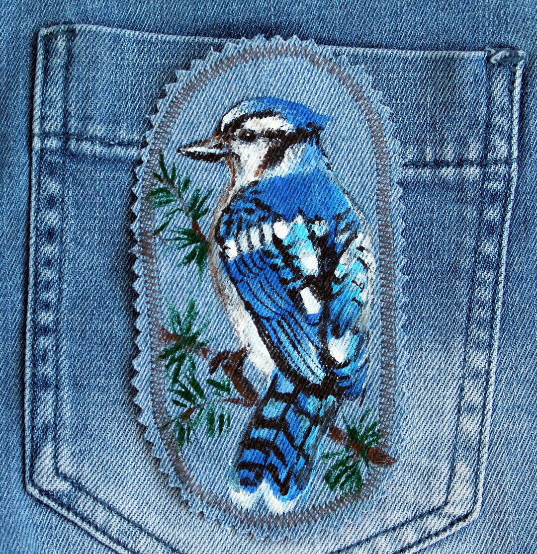 Hand Painted Blue Jay Patch Denim Patches Birds Upcycled Jeans for ...