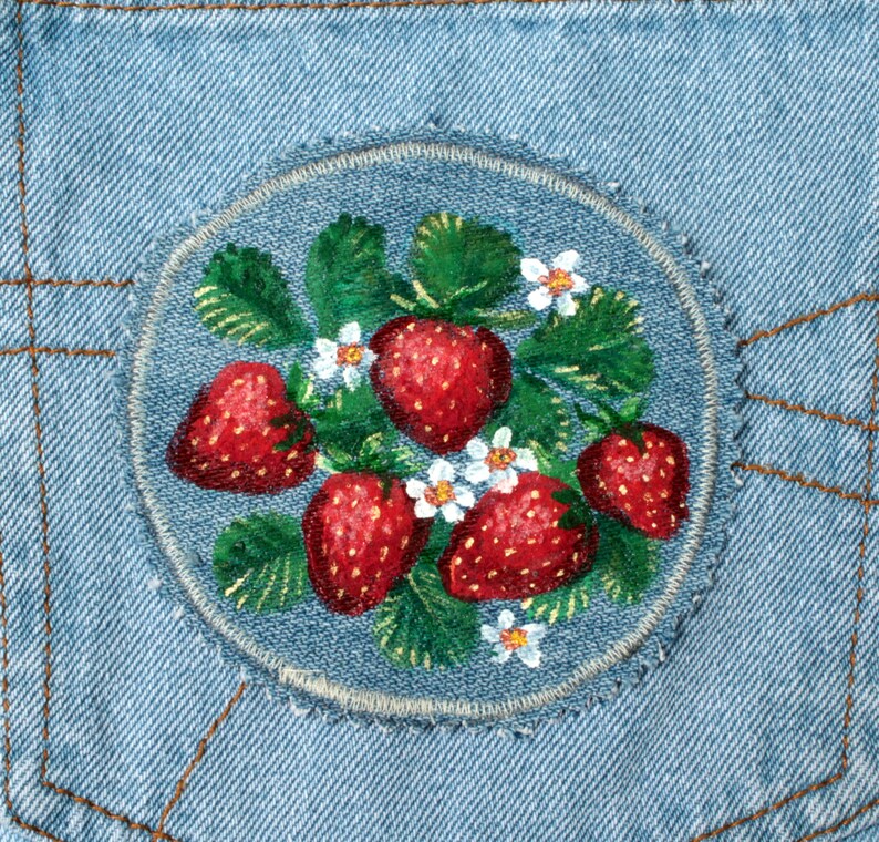 Strawberry Patch Hand Painted Denim Patches Berries Upcycled Jeans for ...