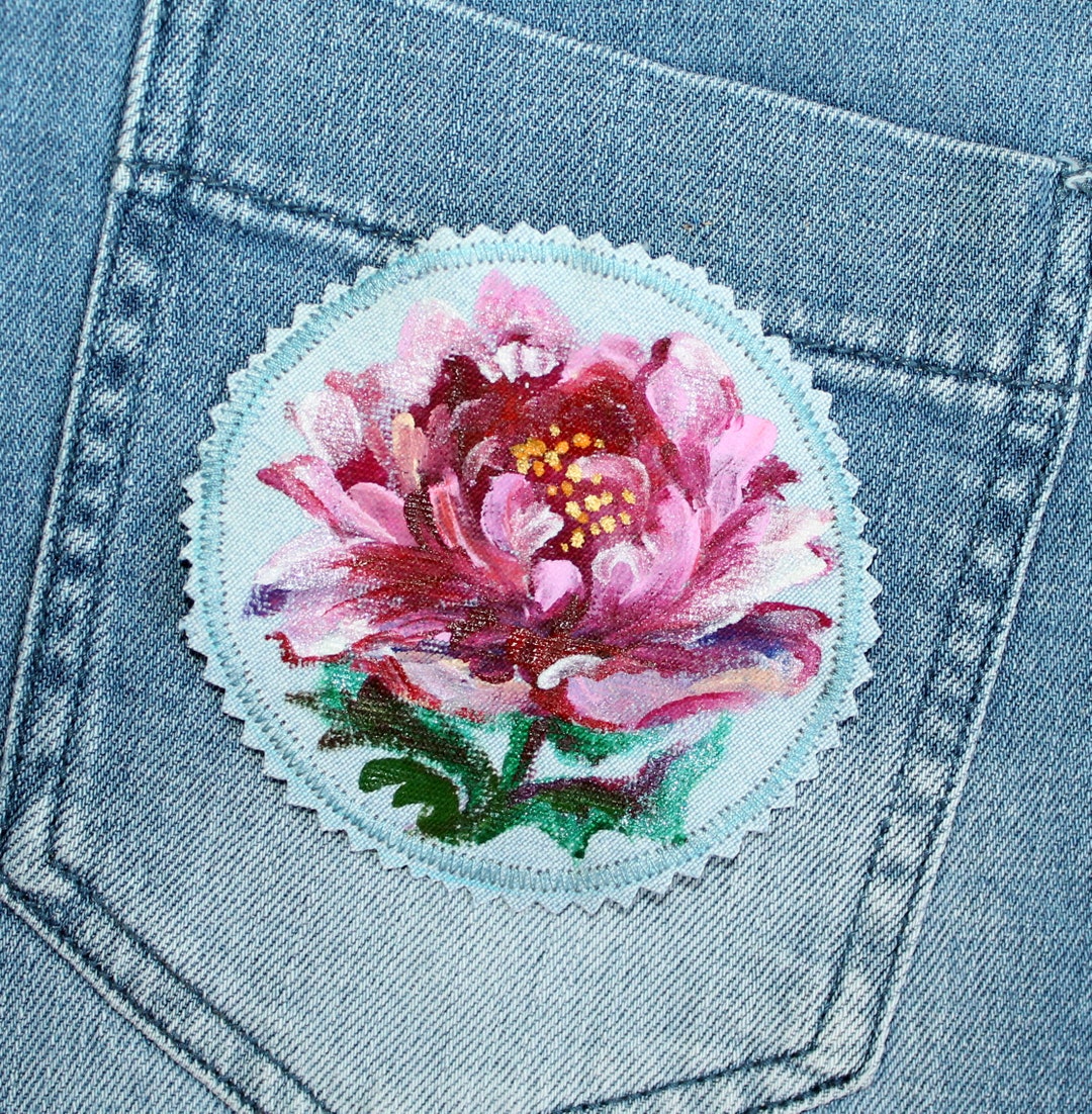 Peony Patch Hand Painted Denim Patches Floral Upcycled Jeans for Women ...