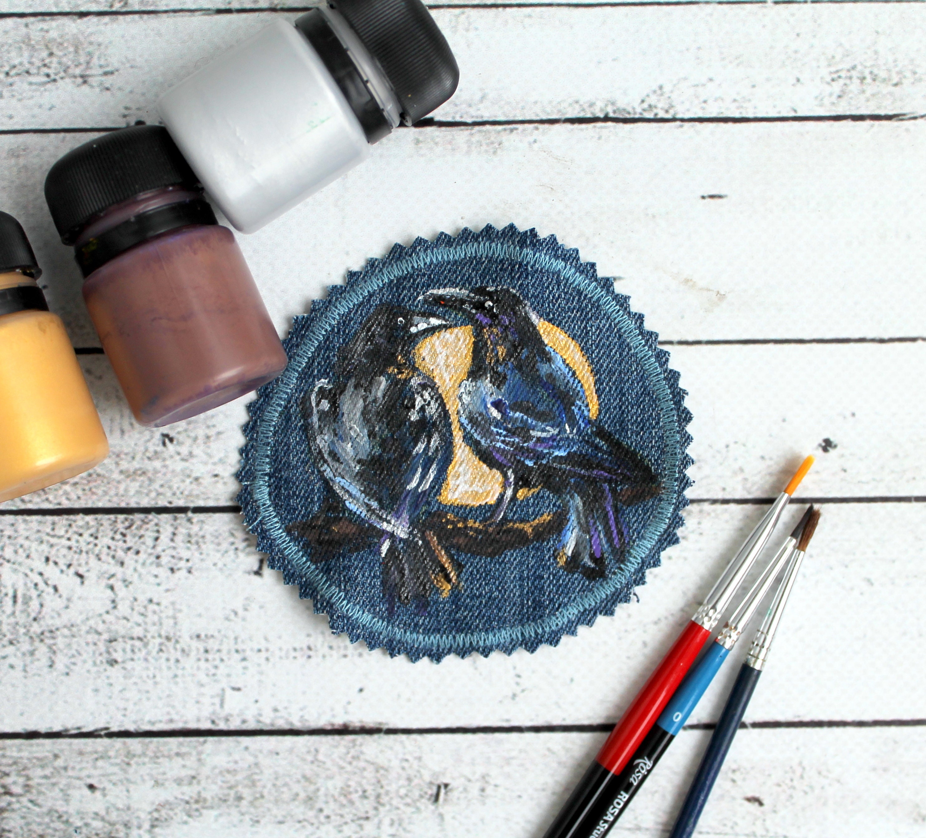 Hand Painted Raven Patch Denim Patches Birds Upcycled Jeans for Women ...