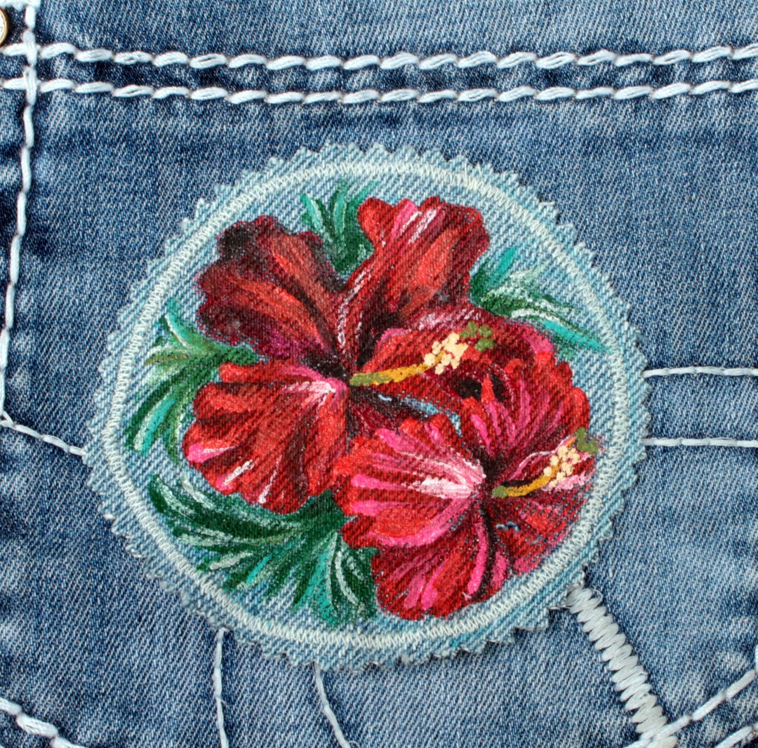 Hibiscus Patch Hand Painted Denim Patches Floral Upcycled Jeans for Women - Etsy