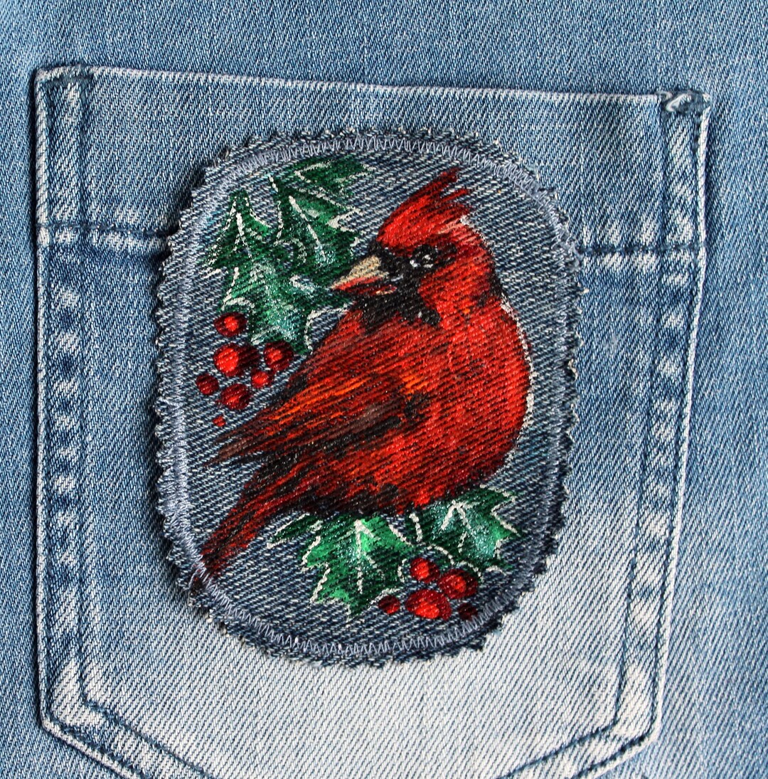Red Cardinal Patch Denim Patches Birds Upcycled Jeans for - Etsy
