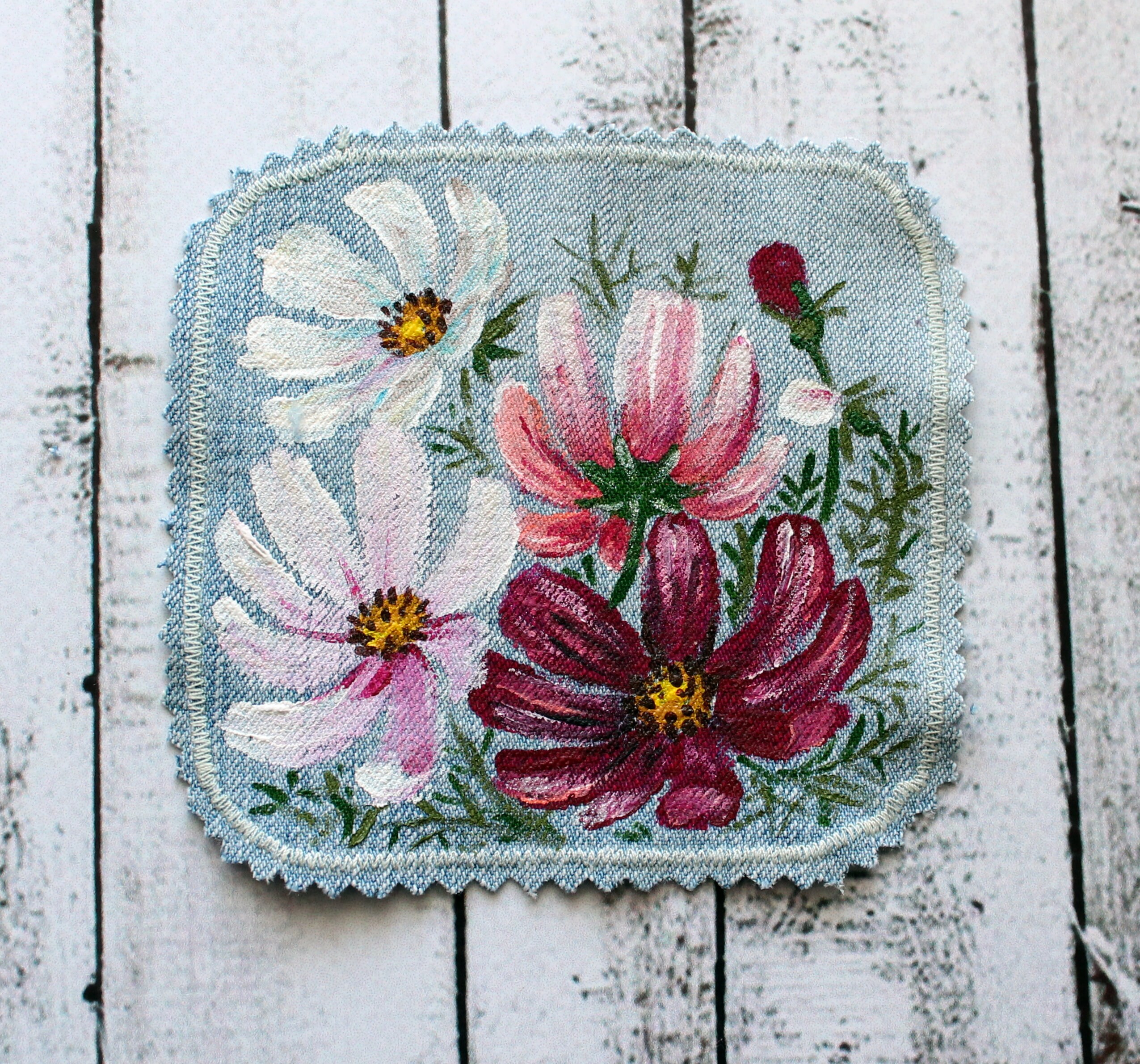Hand Painted Patch Sew on Cosmos Denim Patches Floral Upcycled Jeans ...