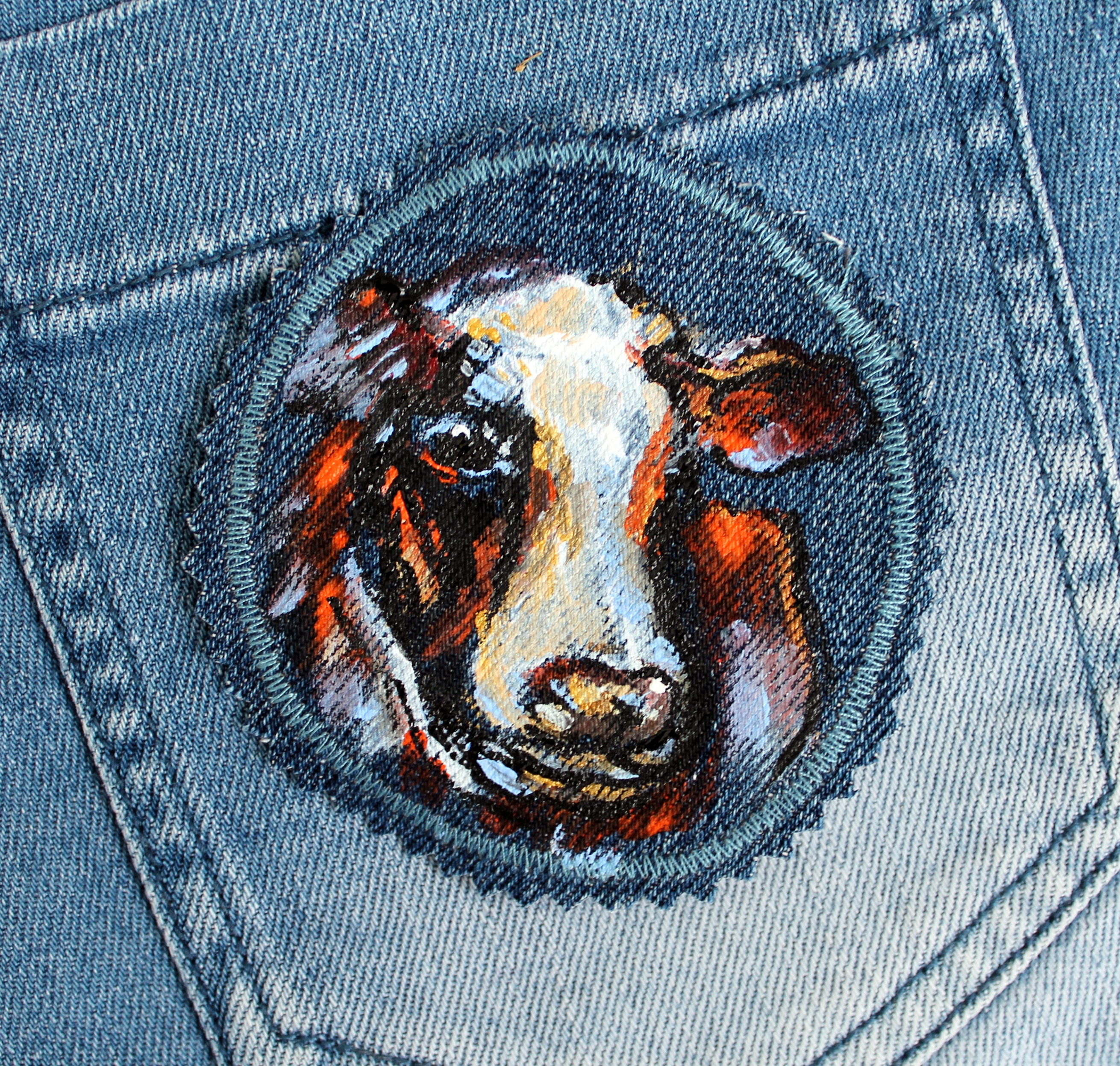 Hand painted cow patch Denim patches bull Upcycled jeans for | Etsy