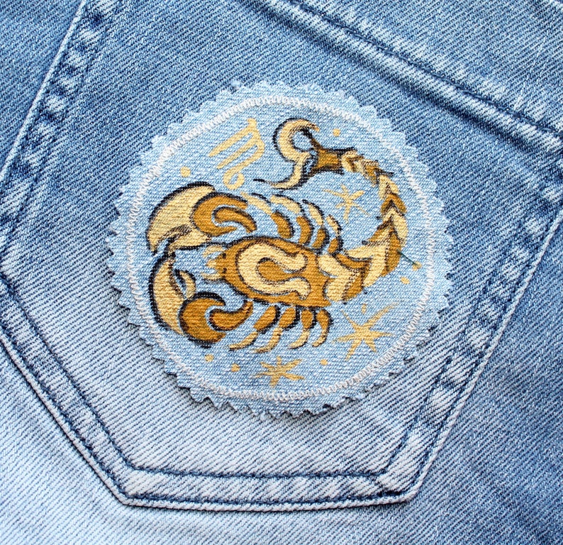 Zodiac Patch Scorpio Hand Painted Denim Scorpion Patches Upcycled Jeans ...