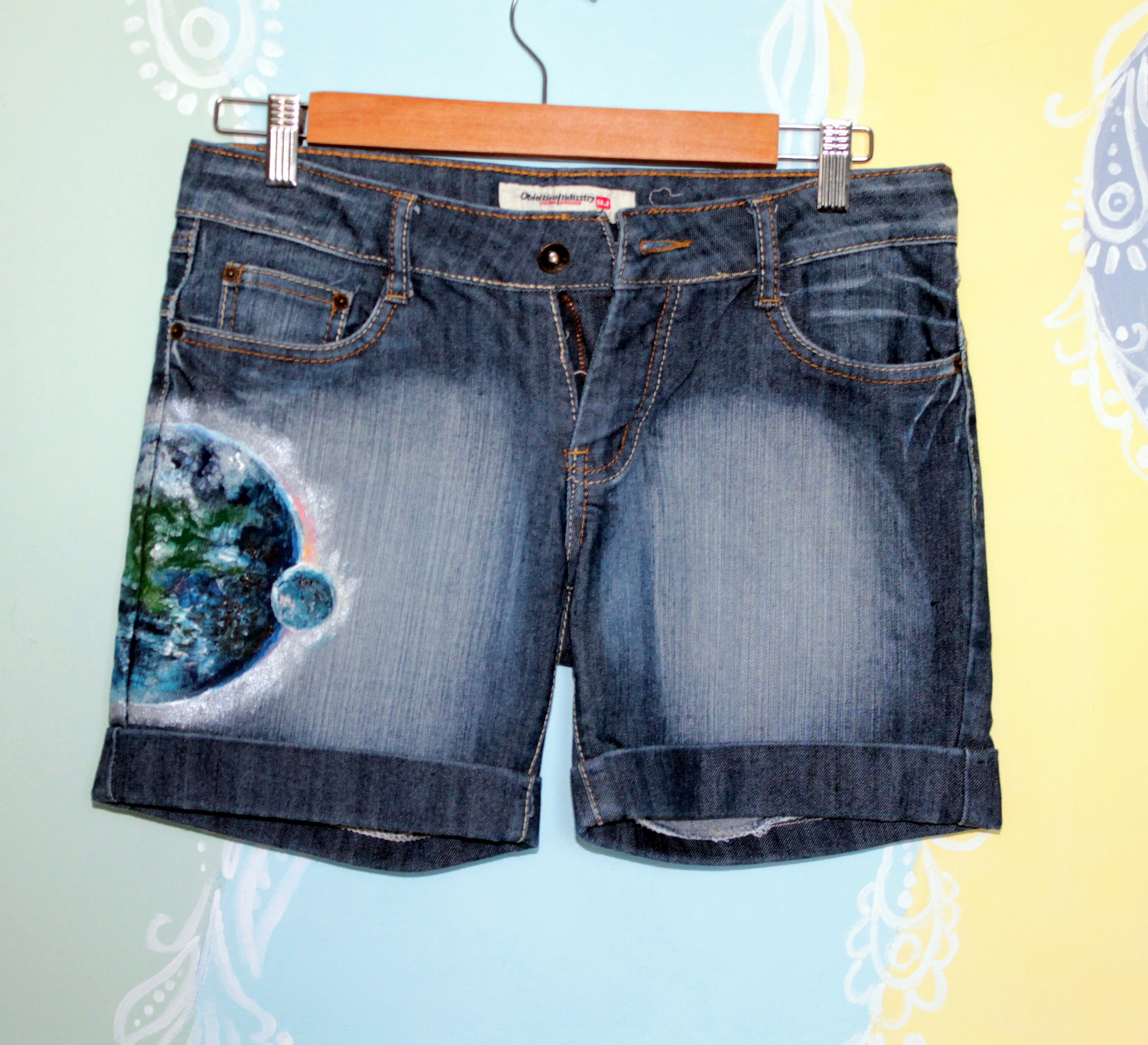 Painted Denim Shorts Space Art Handmade Painting Embellished Jeans for ...