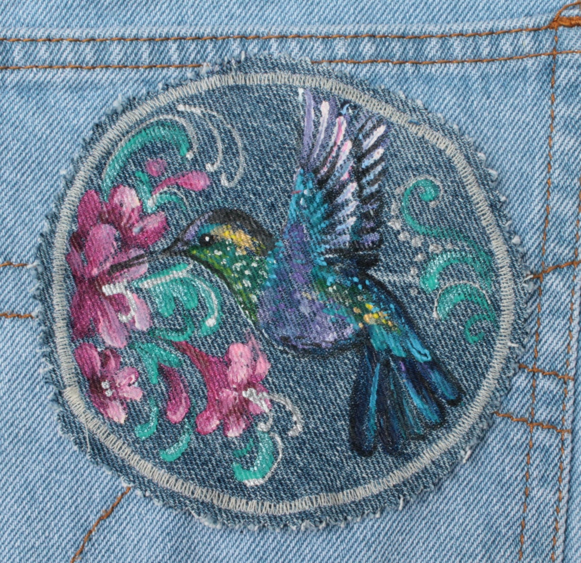 Hand Painted Hummingbird Patch Denim Patches Birds Upcycled Jeans for ...