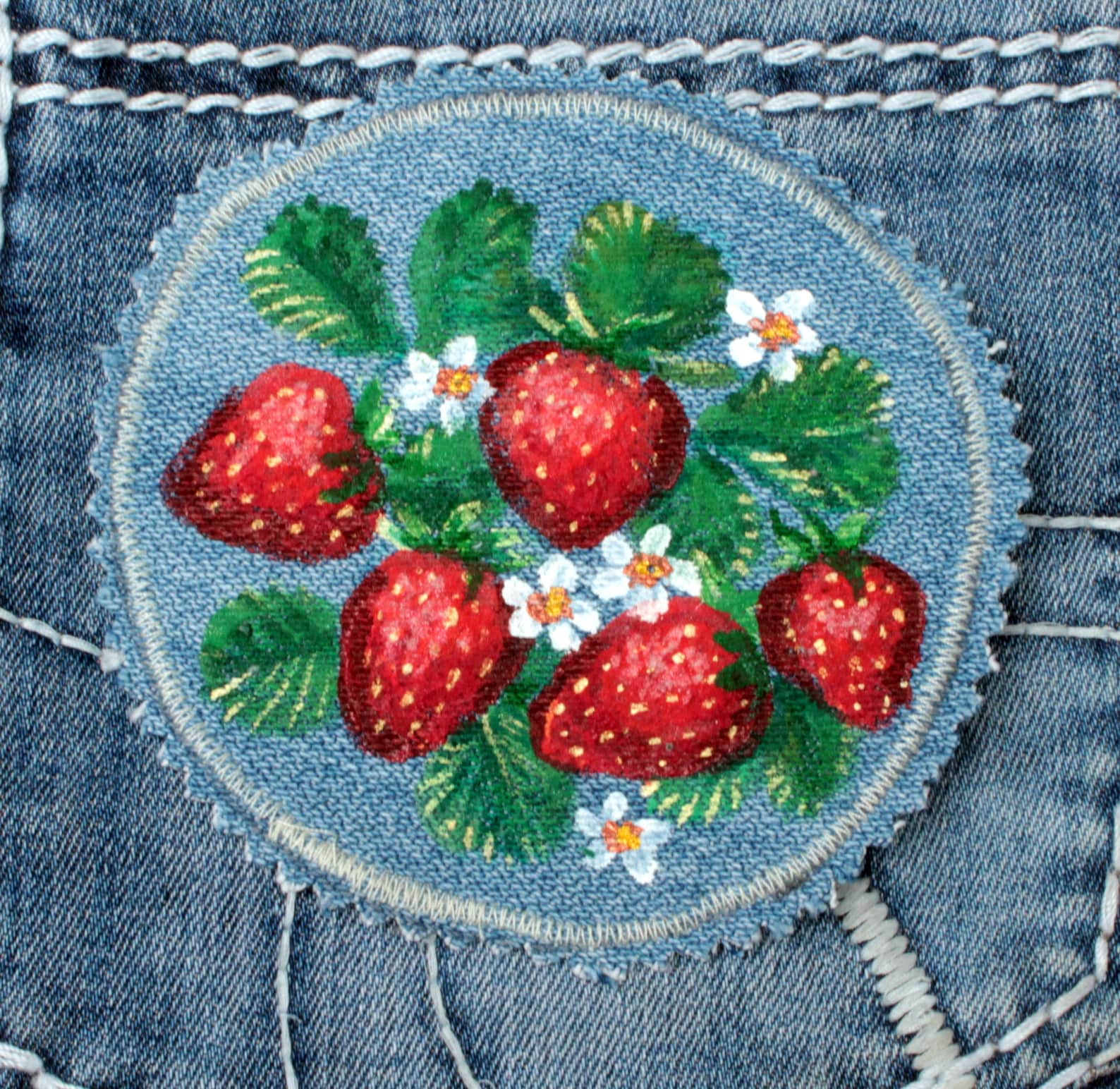 Strawberry Patch Hand Painted Denim Patches Berries Upcycled Jeans for ...