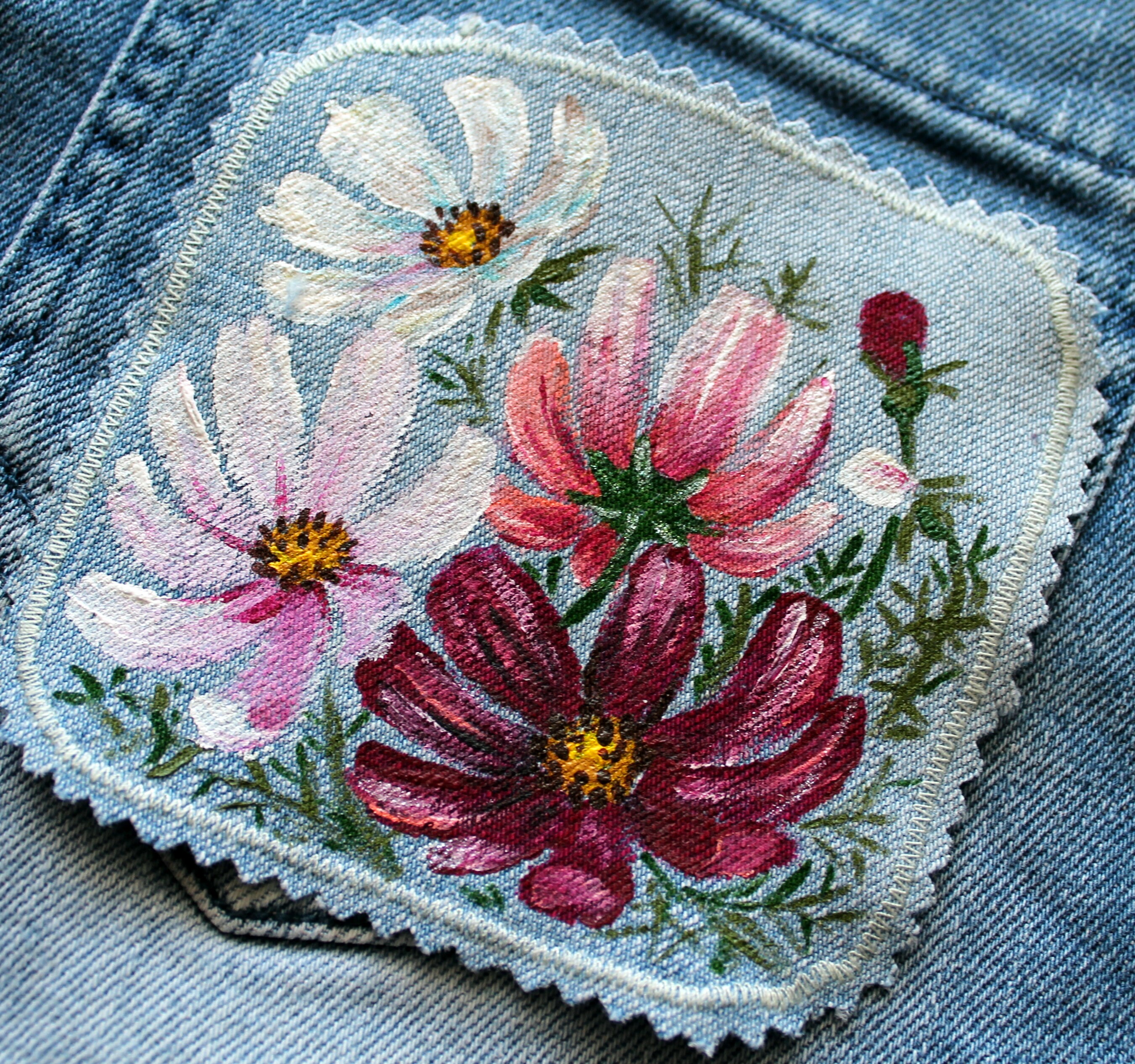 Hand Painted Patch Sew on Cosmos Denim Patches Floral Upcycled Jeans ...