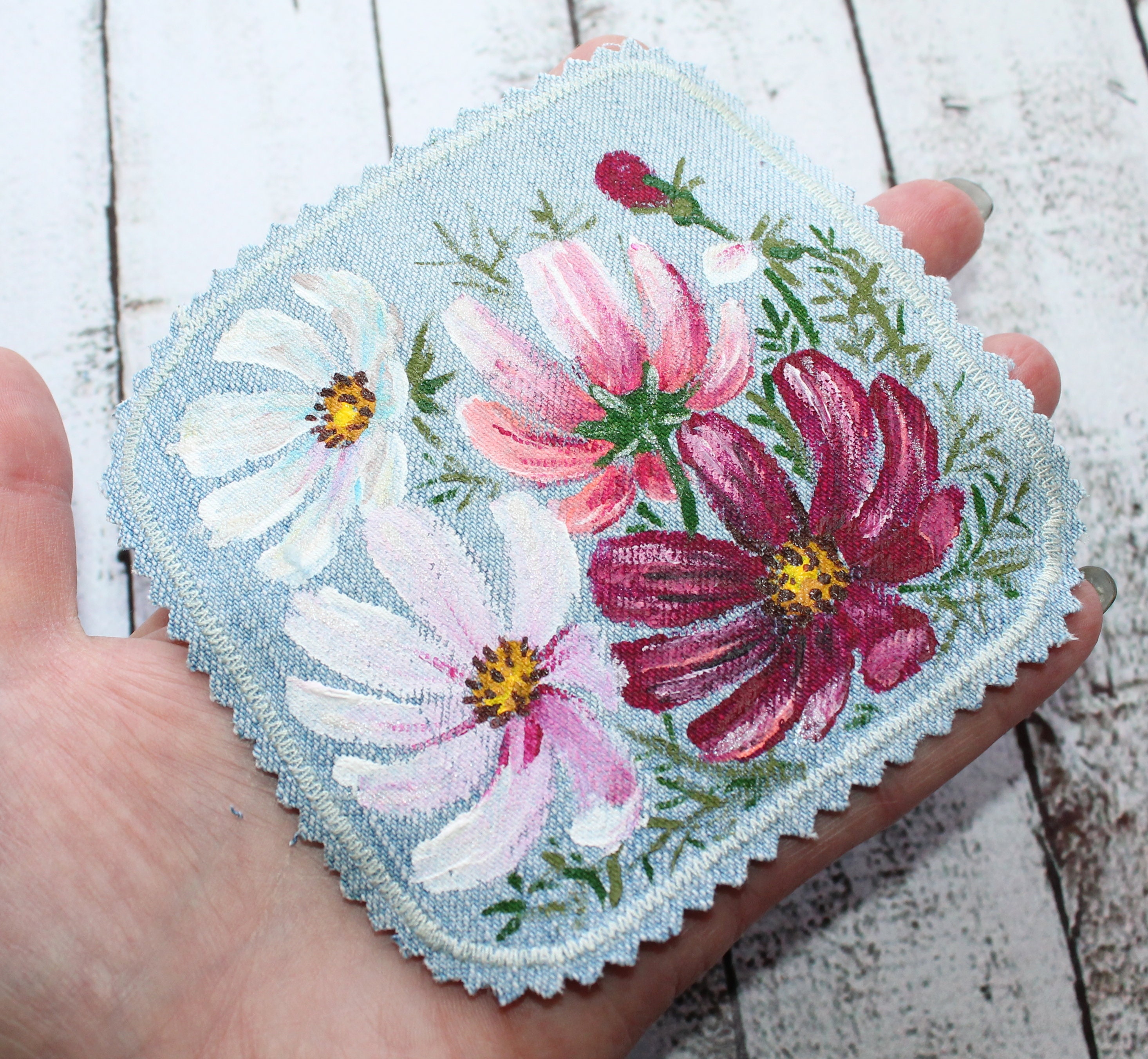 Hand painted patch sew on Cosmos Denim patches floral Upcycled | Etsy