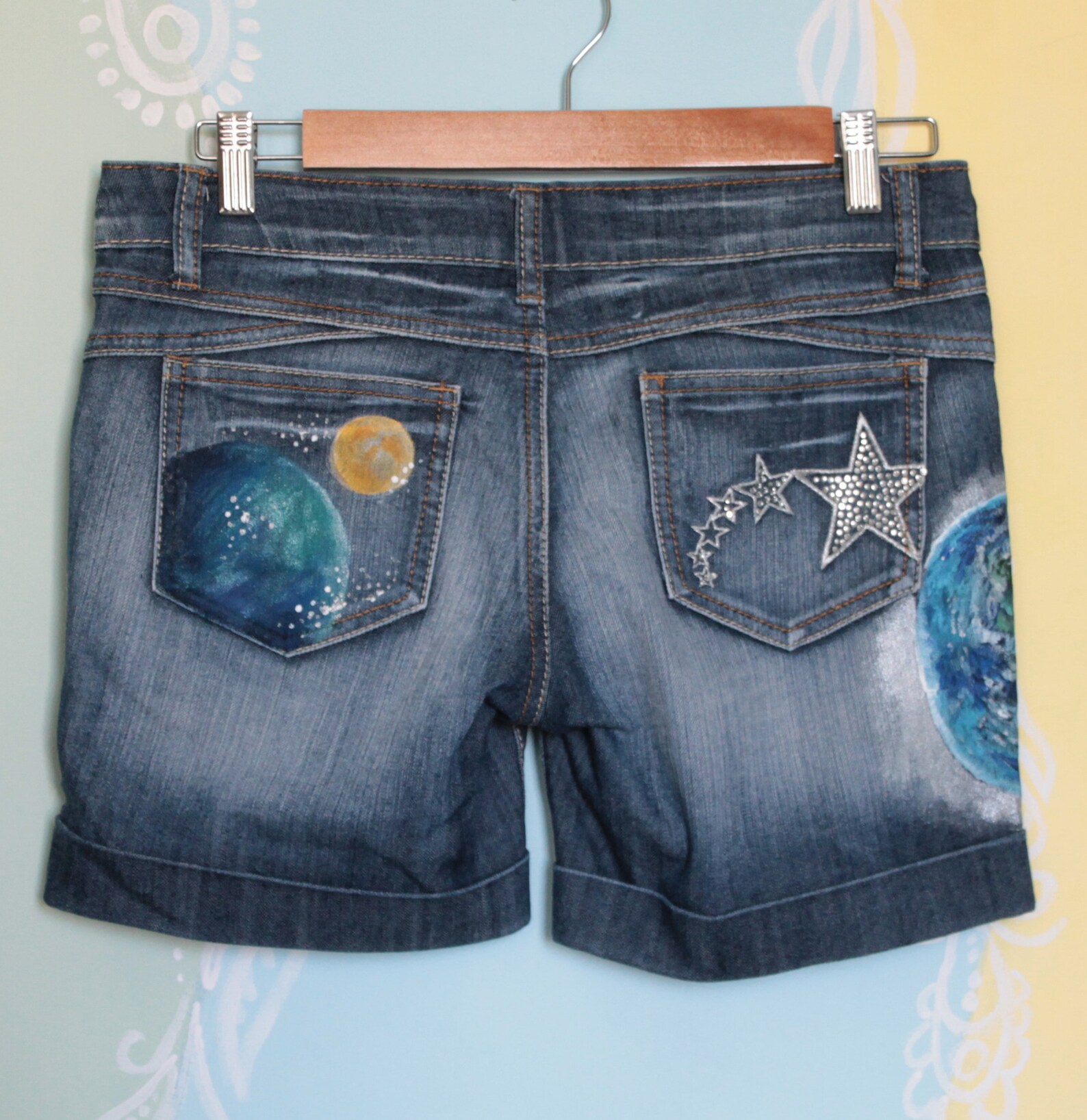 Painted Denim Shorts Space Art Handmade Painting Embellished Jeans for ...