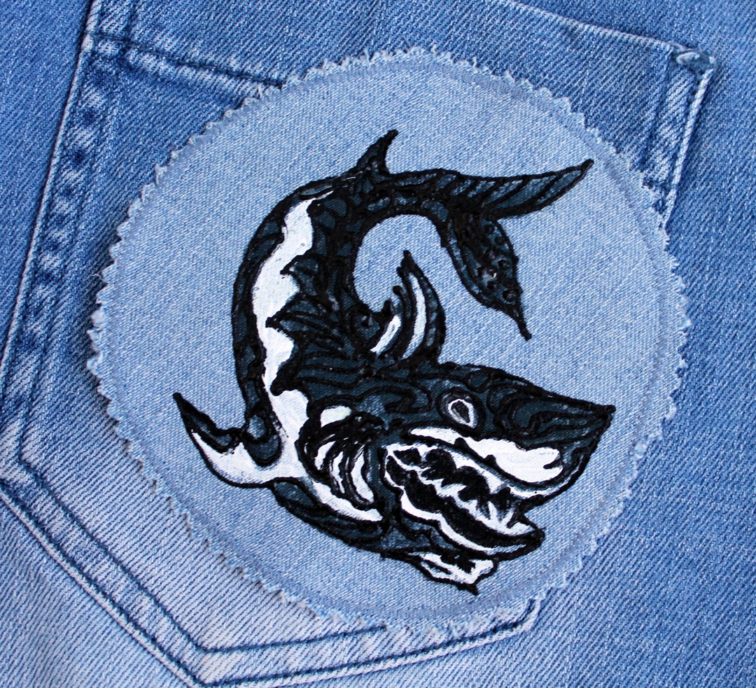 Hand Painted Shark Patch Hand Painted Denim Fish Patches Upcycled Jeans ...