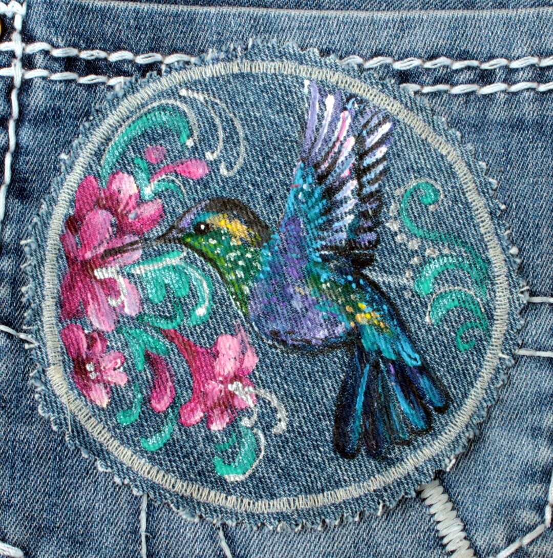 Hand Painted Hummingbird Patch Denim Patches Birds Upcycled Jeans for ...