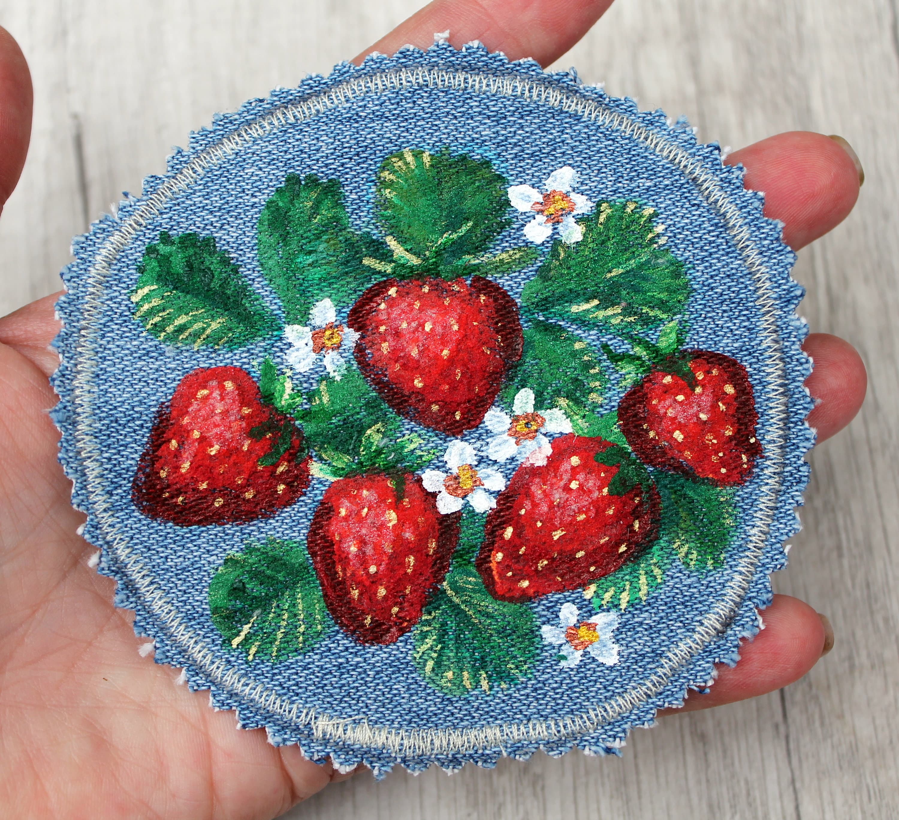 Strawberry Patch Hand Painted Denim Patches Berries Upcycled Jeans for ...