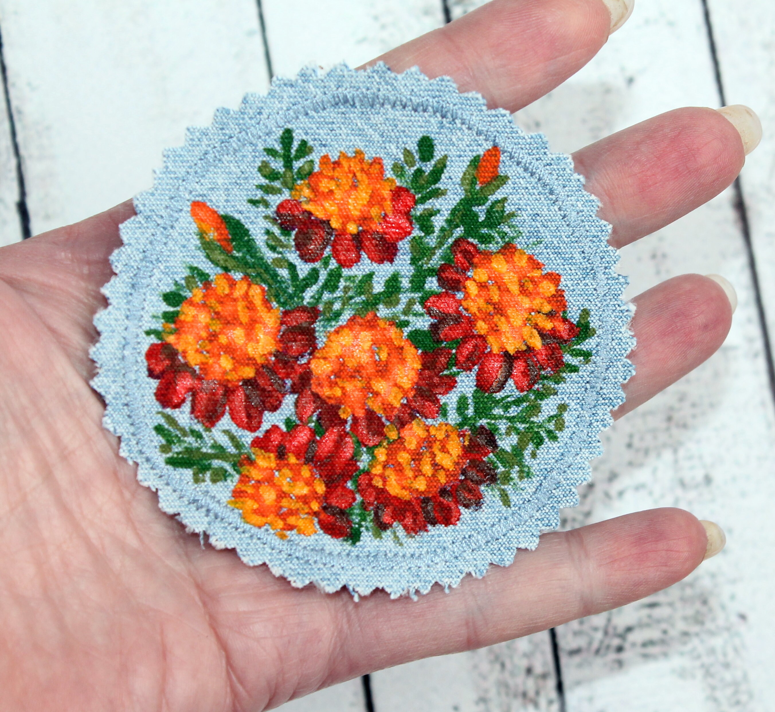 Hand Painted Marigold Patch Denim Patches Floral Upcycled Jeans for ...
