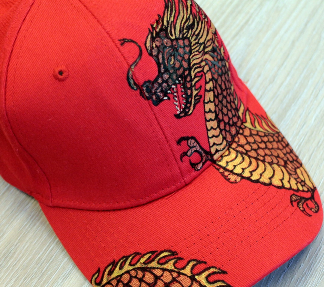 Hand Painted Red Dragon Hat Women Painting Fantasy Baseball Hat Unique ...