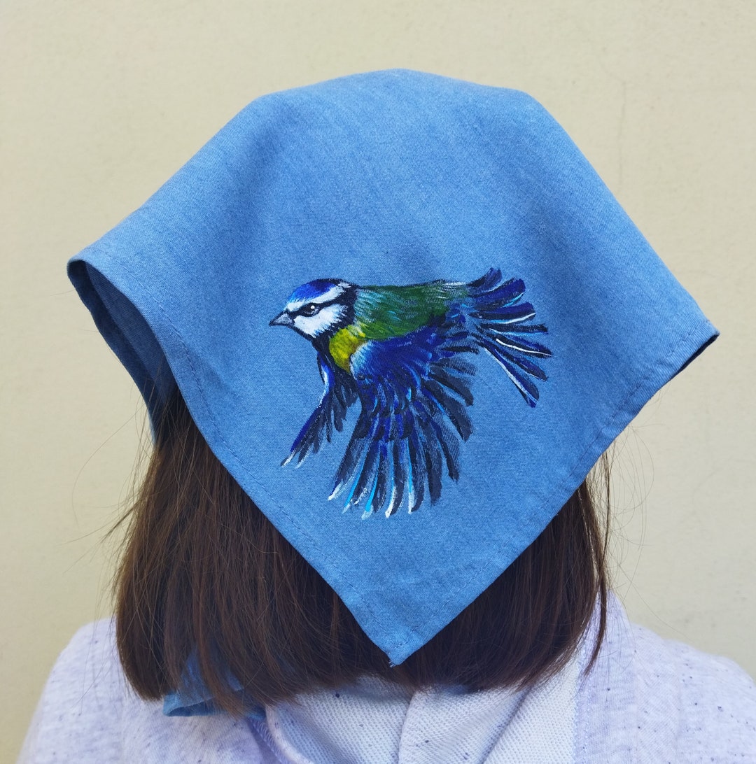Cottagecore Kerchief Headband Titmouse Hand Painted Denim Bandana for ...